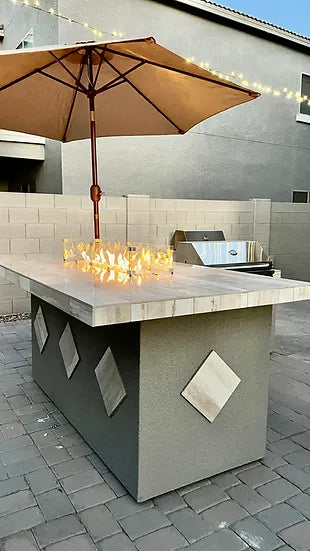 Baja/Fire L-Shaped BBQ Island with Fire-pit, 4 Burner BBQ, Outdoor Ref ...